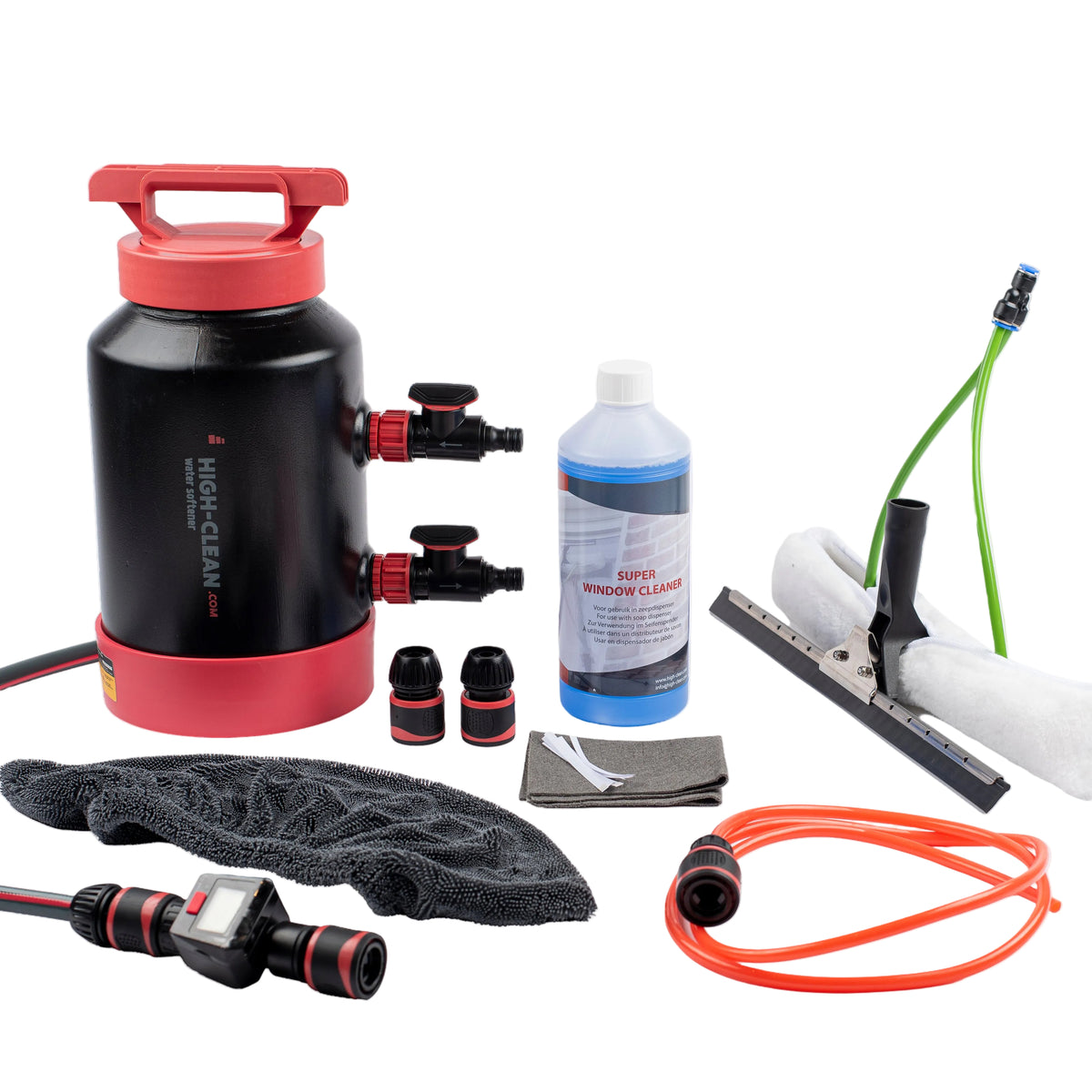 Window cleaning kit with water softener